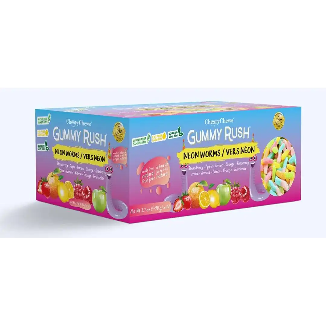 Cheery Chews Gummy Rush Neon Worms 12 x 90g, Popular Gummies — Bulk Mart