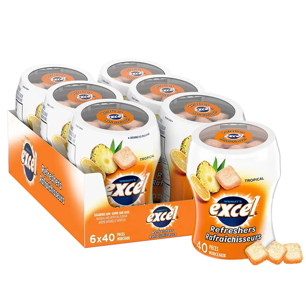 Excel Refreshers Tropical Gum Bottle 40 Pcs 6 Packs, Bulk Mart