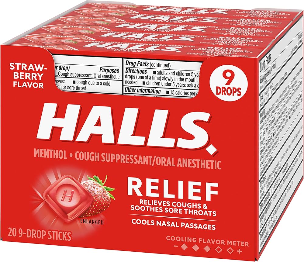 Halls Relief Strawberry Menthol Cough Drops 9 Lozenges 20 Packs — Bulk Mart
